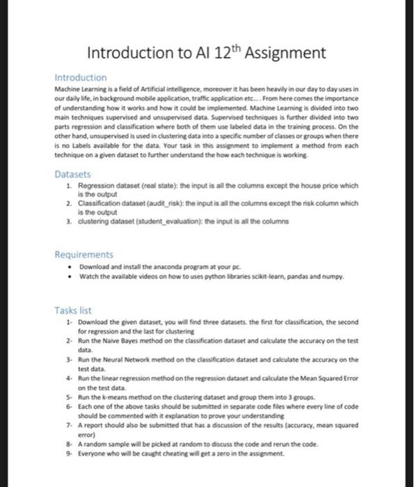 Introduction to Al 12th Assignment Introduction | Chegg.com