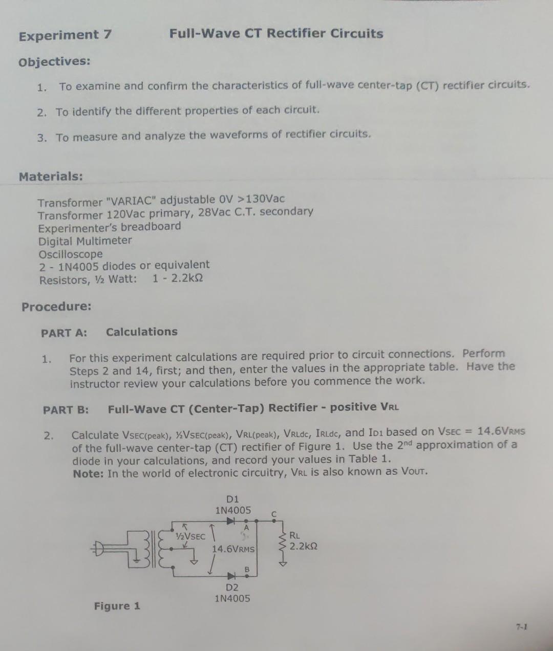 Solved Experiment 7 Full-Wave CT Rectifier Circuits | Chegg.com