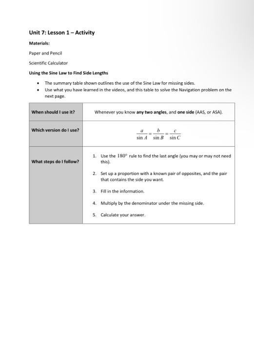 Solved Unit 7: Lesson 1-Activity Materials: Paper and Pencil | Chegg.com
