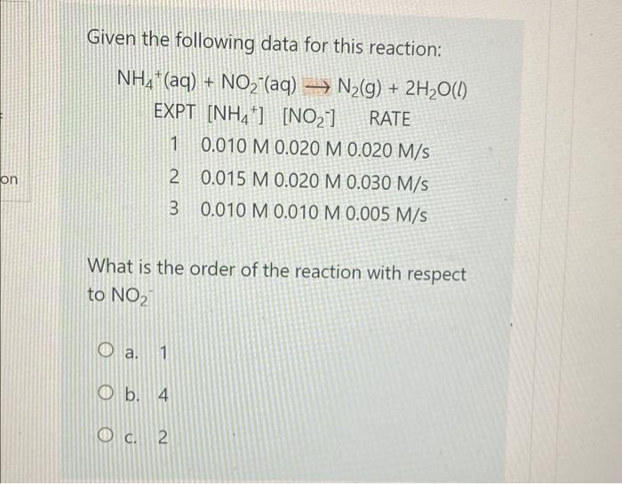 Solved Given the following data for this reaction: NH4+ (aq) | Chegg.com