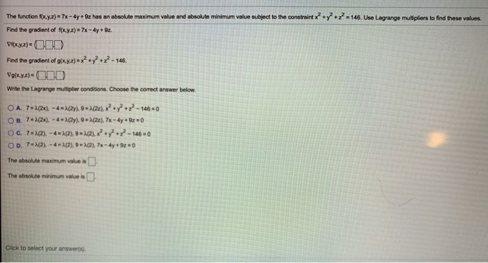 Solved The function f(x,y,z)=7x- 4y + 8z has an absolute | Chegg.com