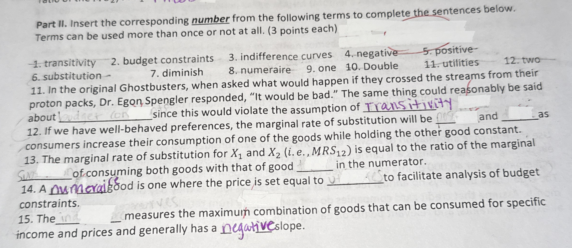 Solved Part II. ﻿Insert the corresponding number from the | Chegg.com