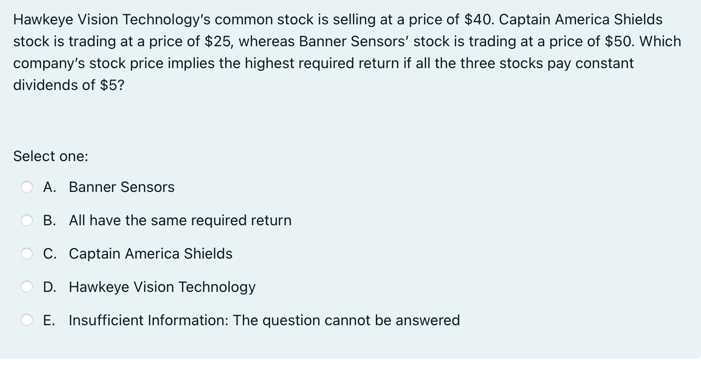 Solved Hawkeye Vision Technology's common stock is selling | Chegg.com