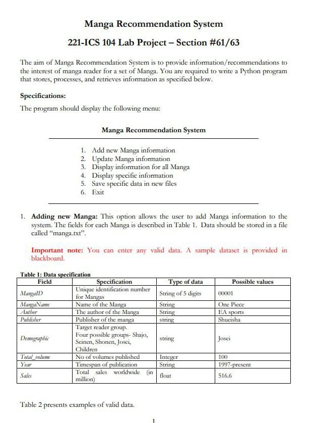 Solved The aim of Manga Recommendation System is to provide | Chegg.com