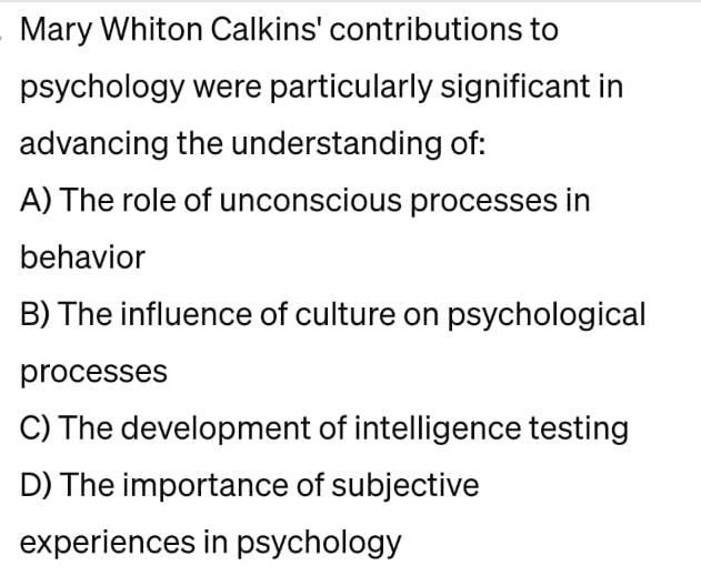 Solved Mary Whiton Calkins' contributions to psychology were | Chegg.com