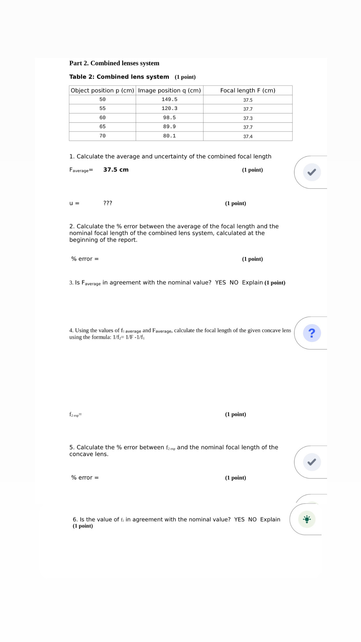 Part 2. ﻿Combined lenses systemTable 2: Combined lens | Chegg.com