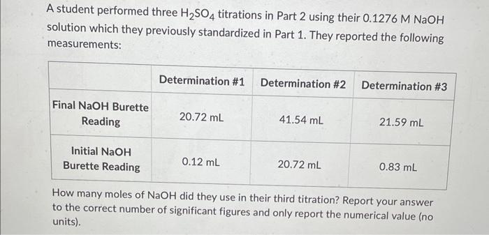 Solved A student performed three H2SO4 titrations in Part 2 | Chegg.com