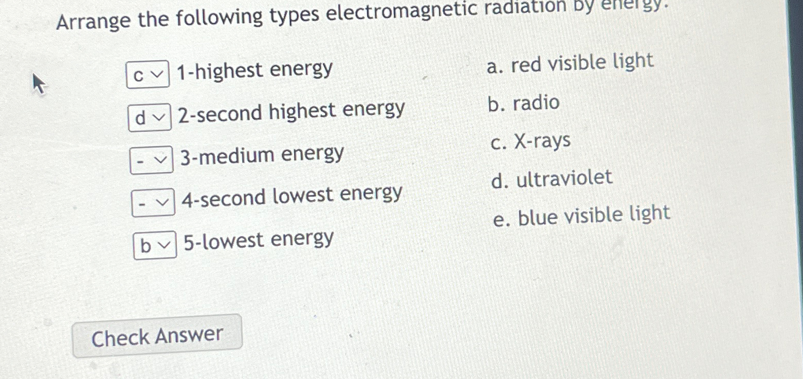 Solved Arrange the following types electromagnetic radiation | Chegg.com