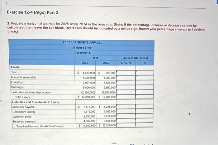 Solved Exercise 12-2 (Algo) Prepare vertical analysis | Chegg.com