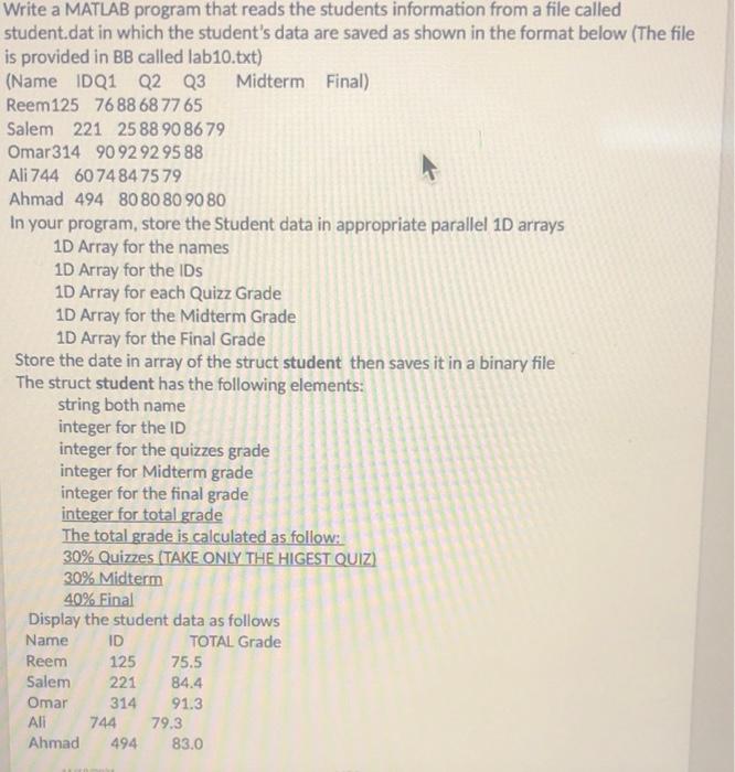 Solved Write a MATLAB program that reads the students | Chegg.com