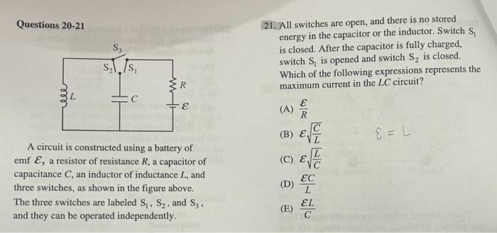 Solved Questions 20-21 21. All switches are open, and there | Chegg.com Solved Questions 20-21 21. All switches are open, and there | Chegg.com
