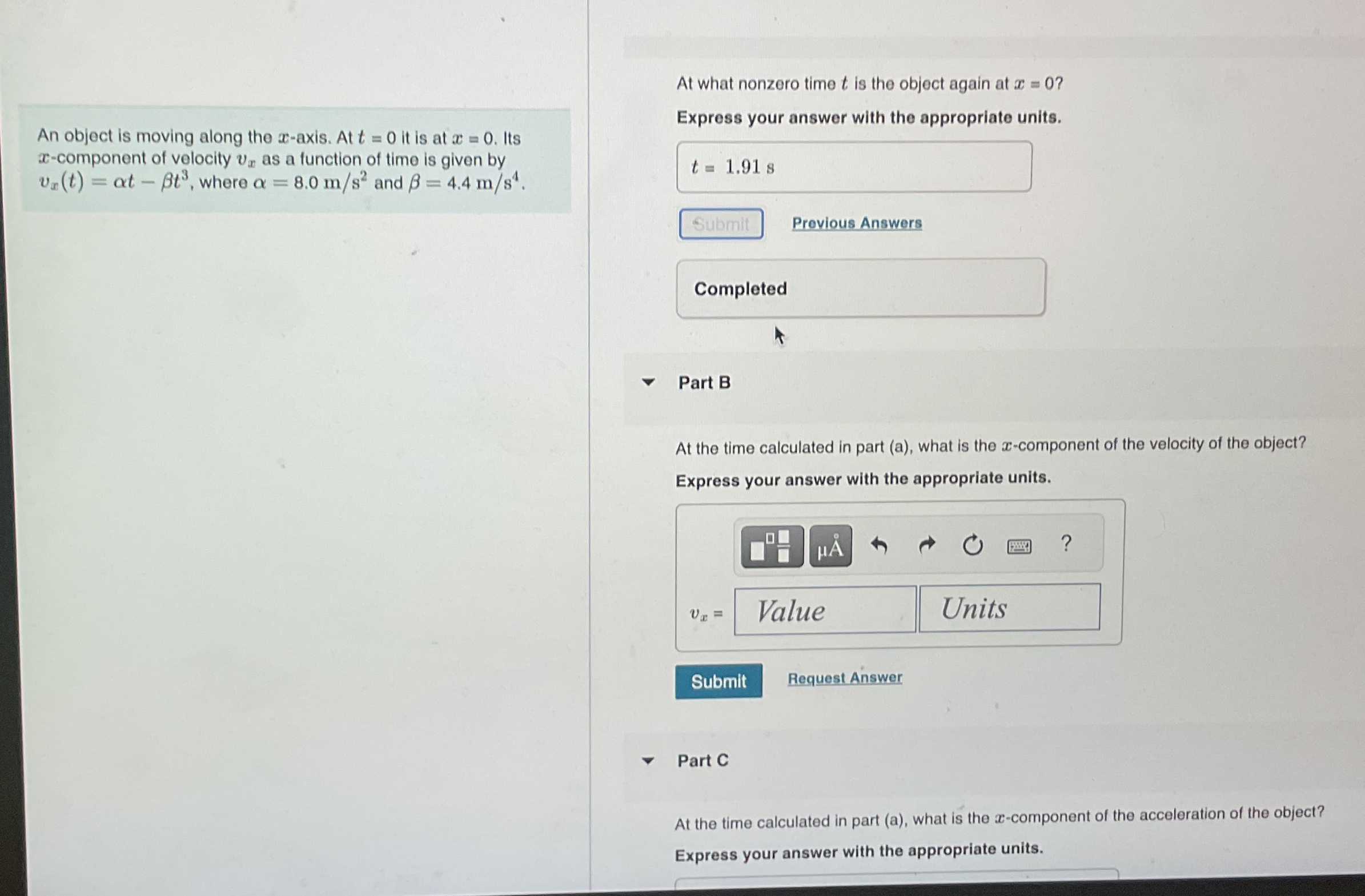 Solved An object is moving along the x-axis. At t=0 ﻿it is | Chegg.com