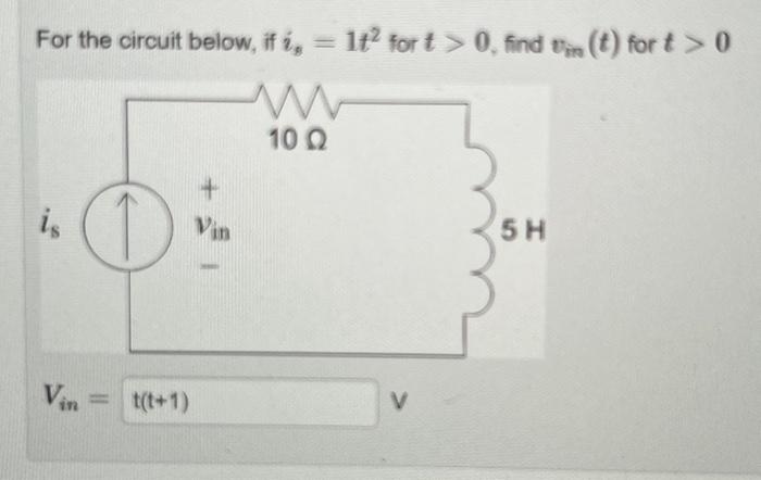Solved For the circuit below, if is=1t2 for t>0, find vin | Chegg.com