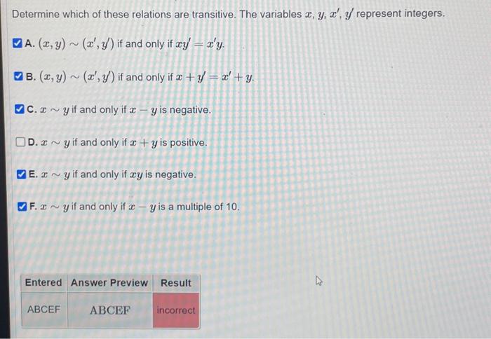 Solved A. (x,y)∼(x′,y′) if and only if xy′=x′y. B. | Chegg.com