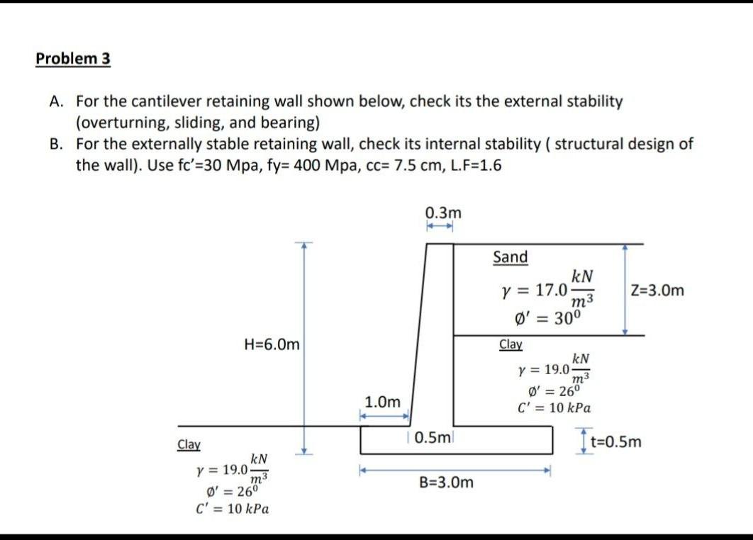 Solved A. For the cantilever retaining wall shown below, | Chegg.com
