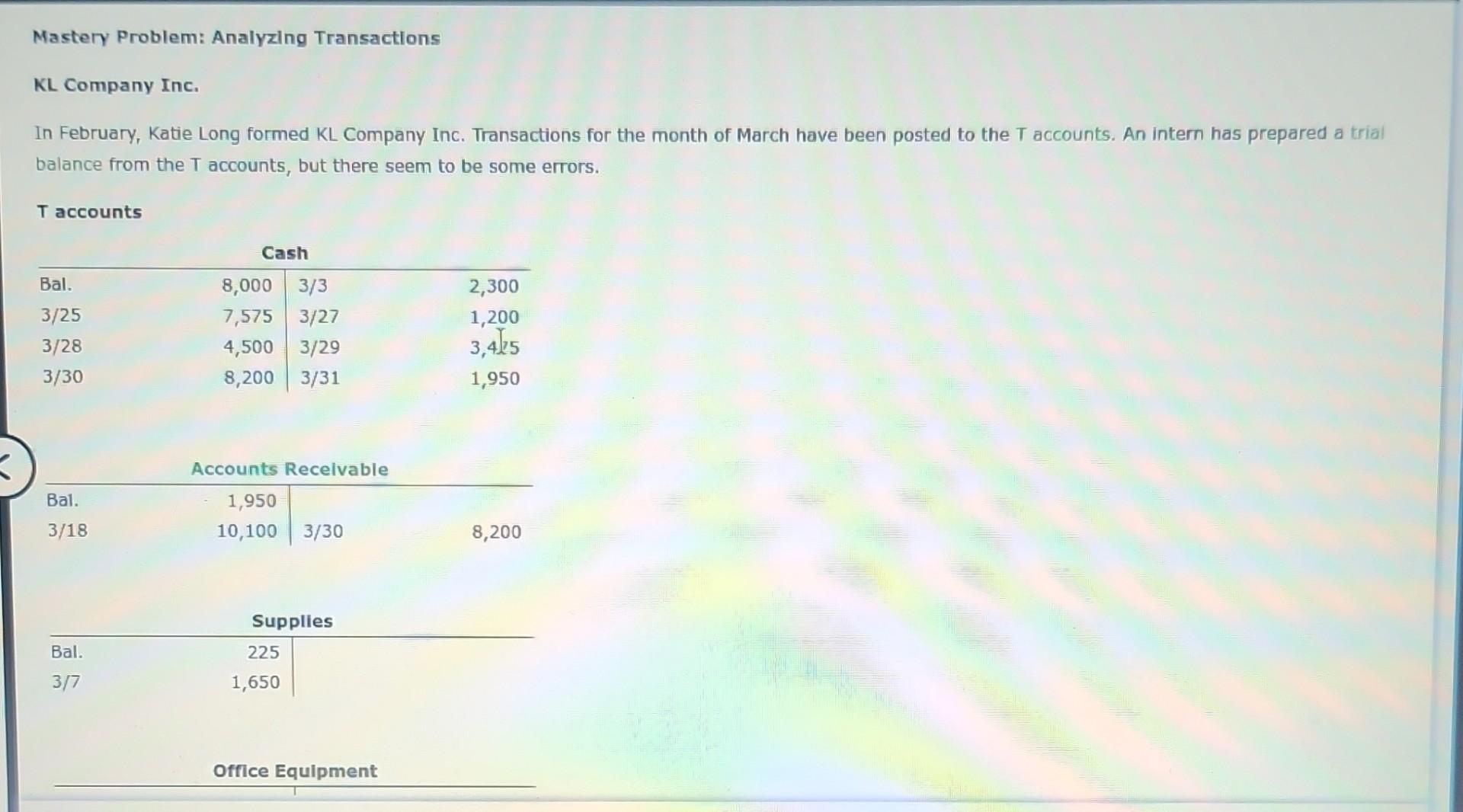 Solved Mastery Problem: Analyzing Transactions KL Company | Chegg.com