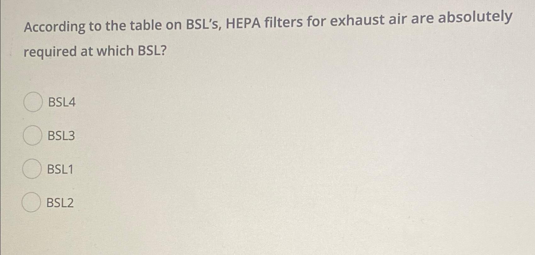 Solved According to the table on BSL's, ﻿HEPA filters for | Chegg.com