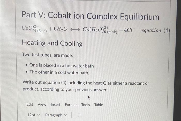Part V: Cobalt ion Complex Equilibrium CoCl4( blue | Chegg.com