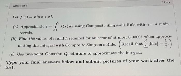 Solved Let f(x)=xlnx+x4. (a) Approximate I=∫13f(x)dx using | Chegg.com