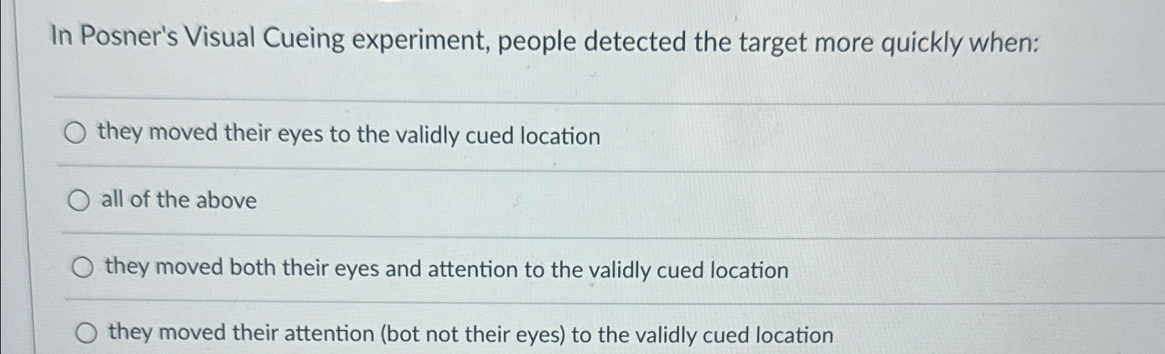 Solved In Posner's Visual Cueing experiment, people detected | Chegg.com
