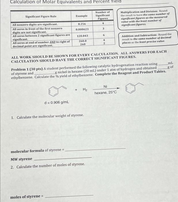 Solved Calculation of Molar Equivalents and Percent Yield | Chegg.com