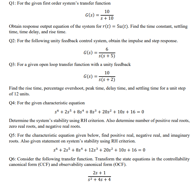 Solved Q1: For the given first order system's transfer | Chegg.com