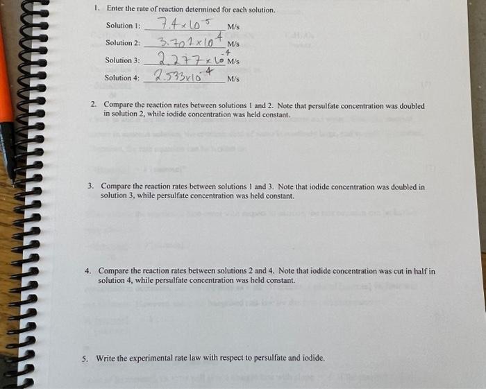 Solved 1. Enter the rate of reaction determined for each | Chegg.com