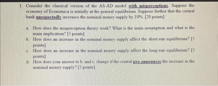 1. Consider the classical version of the AS-AD model | Chegg.com