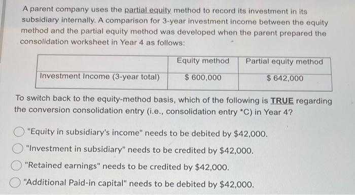 Solved A parent company uses the partial equity method to | Chegg.com