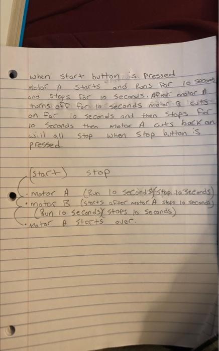 Solved When start button is Pressed Motor A Starts and fons | Chegg.com