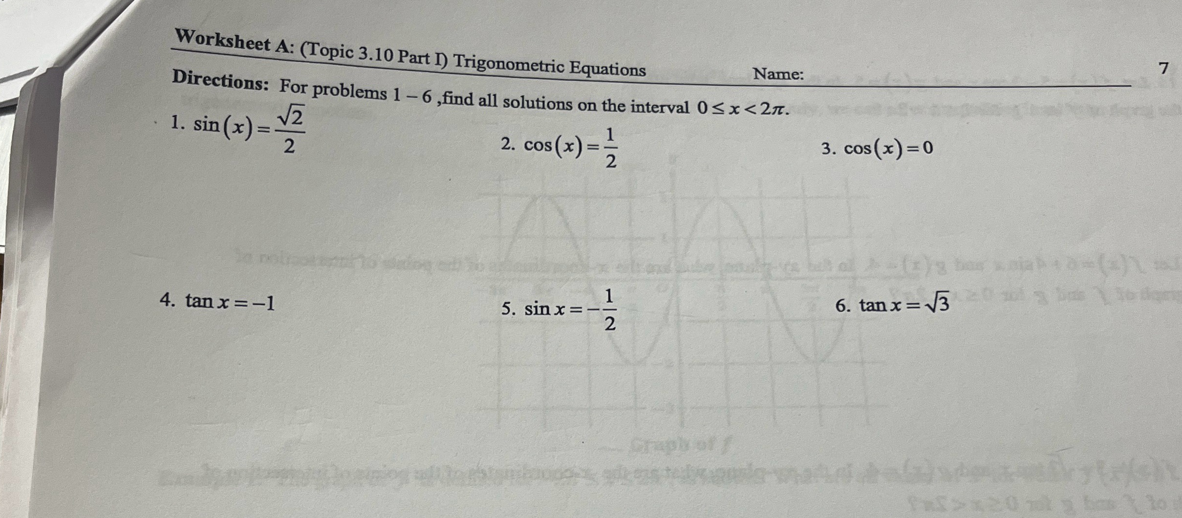 Solved Worksheet A: (Topic 3.10 ﻿Part I) ﻿Trigonometric | Chegg.com