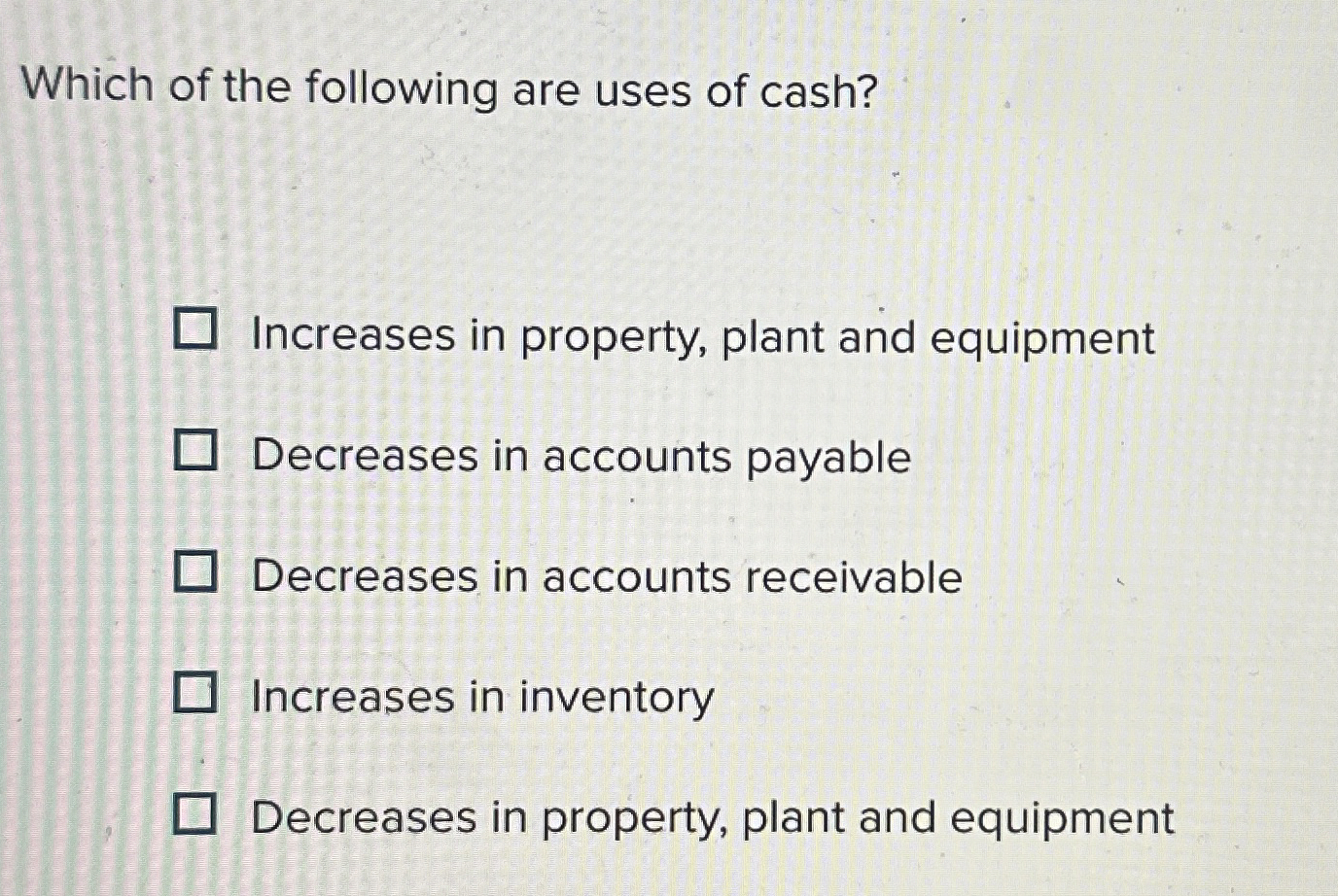 Solved Which of the following are uses of cash?Increases in | Chegg.com
