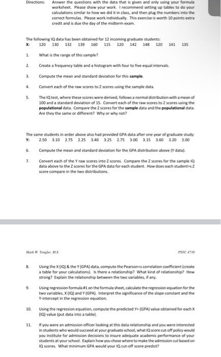 Solved Directions: Answer the questions with the data that | Chegg.com