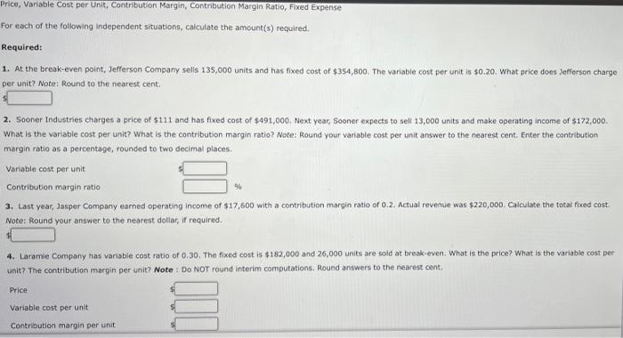 Solved Price, Variable Cost per Unit, Contribution Margin, | Chegg.com