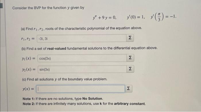 Solved Consider the BVP for the function y given by y" + 9 y | Chegg.com