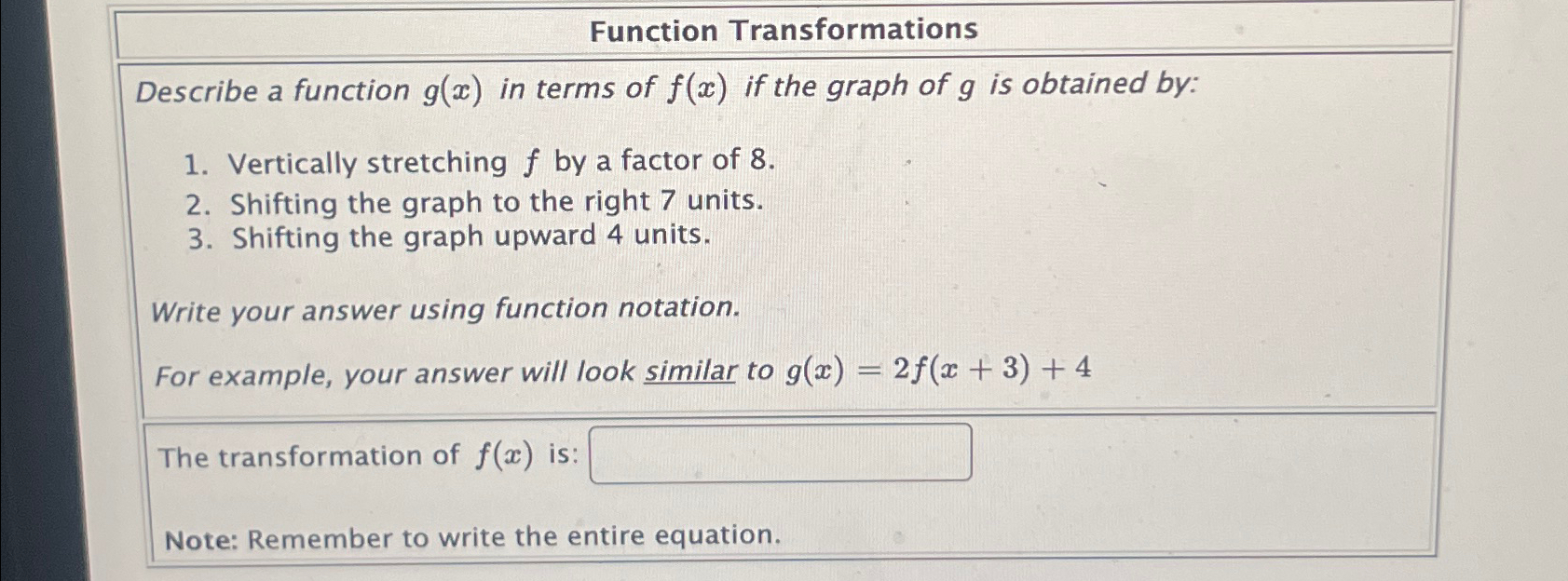 Solved Function TransformationsDescribe a function g(x) ﻿in | Chegg.com