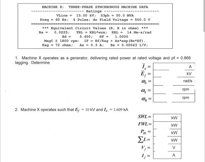 Solved MACHINE X : THREE-PHASE SYNCHRONOUS MACHINE DATA | Chegg.com