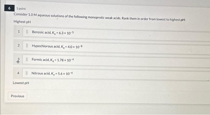 Solved 1 point Consider 1.0 M aqueous solutions of the | Chegg.com