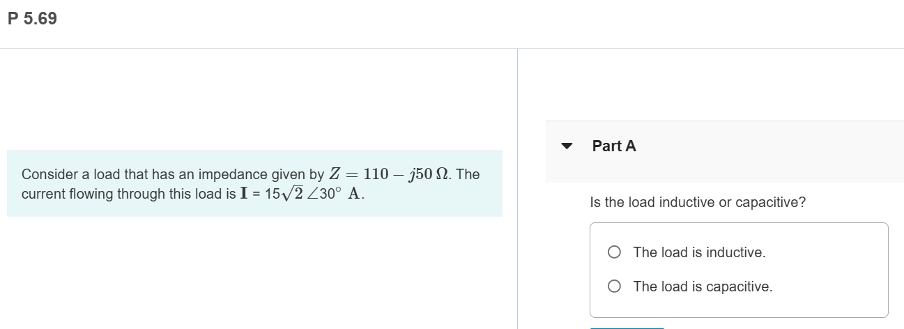 Solved P 5.69Part AConsider a load that has an ﻿impedance | Chegg.com