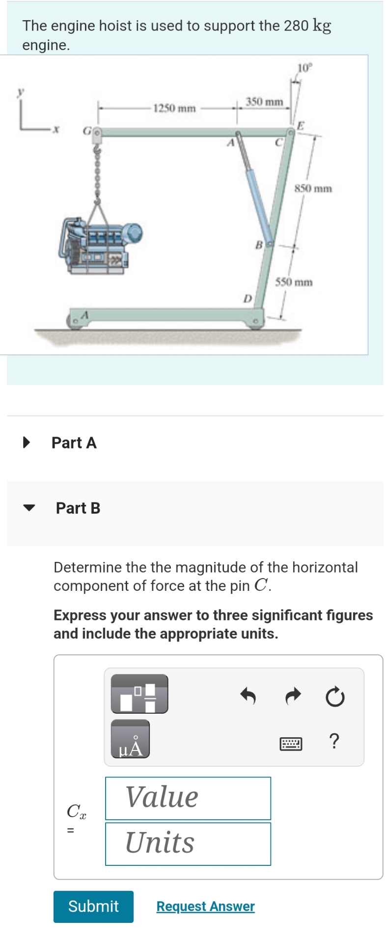 Solved The engine hoist is used to support the 280kg | Chegg.com