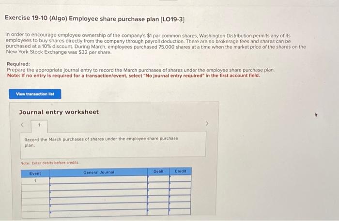 Solved Exercise 19-10 (Algo) Employee share purchase plan | Chegg.com