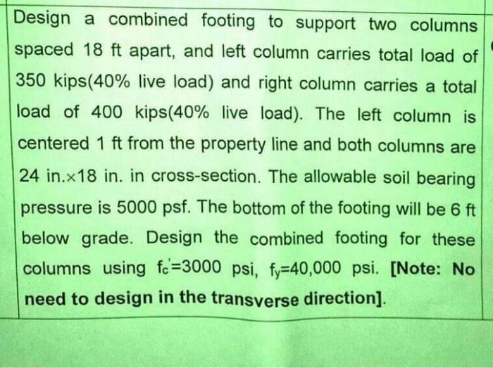 Solved Design a combined footing to support two columns | Chegg.com