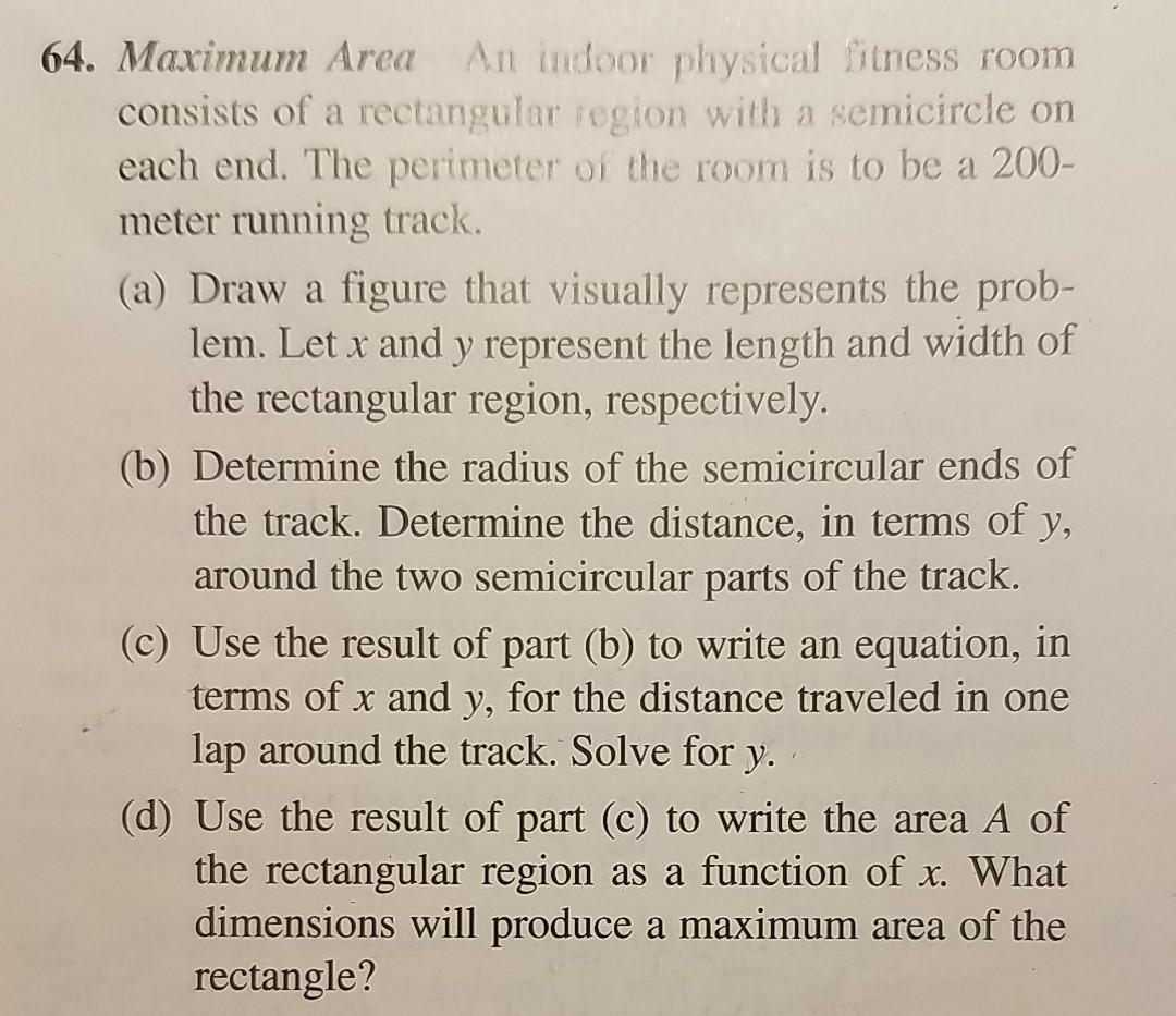 Solved 64. Maximum Area An indoor physical fitness room | Chegg.com