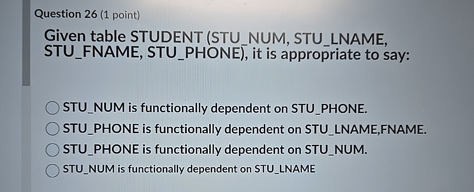 Solved Question 26 (1 ﻿point)Given table STUDENT (STU_NUM, | Chegg.com