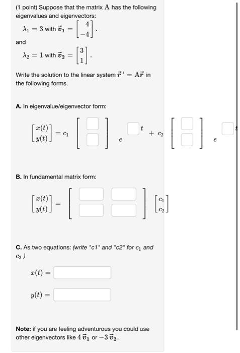 Solved (1 point) Suppose that the matrix A has the following | Chegg.com
