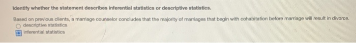 Solved Identify whether the statement describes inferential | Chegg.com