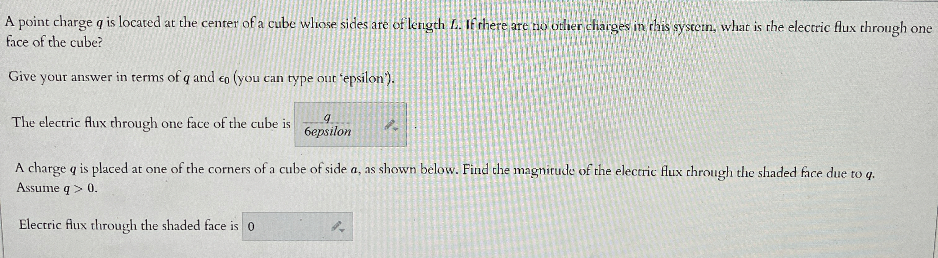 Solved A point charge q ﻿is located at the center of a cube | Chegg.com