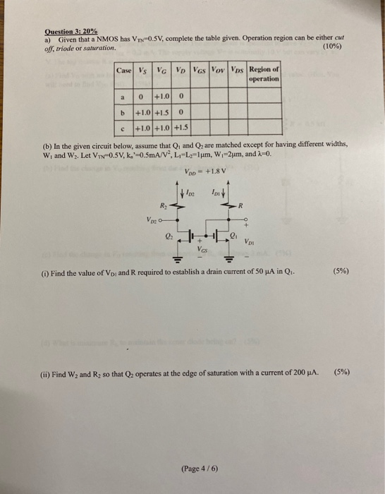 Solved Question 3: 20% a) Given that a NMOS has Vox0.5V, | Chegg.com