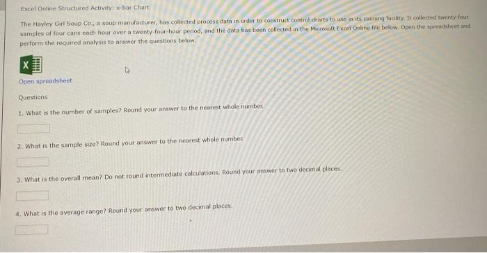 Solved Excel Online Structured Activity: x-bar Chart The | Chegg.com