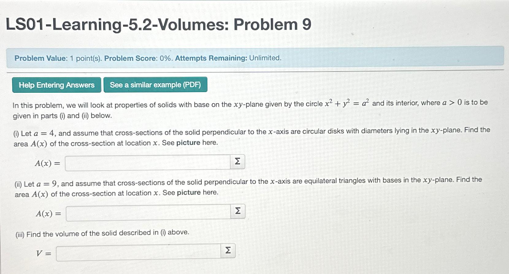 Solved LS01-Learning-5.2-Volumes: Problem 9Problem Value: 1 | Chegg.com